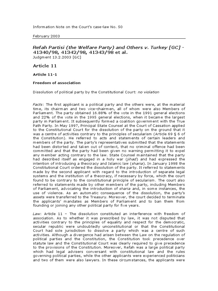 Refah Partisi (The Welfare Party) and Others v. Turkey (GC) | PDF ...