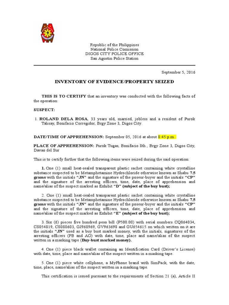Inventory and Certification of Evidence Seized in the Apprehension of ...