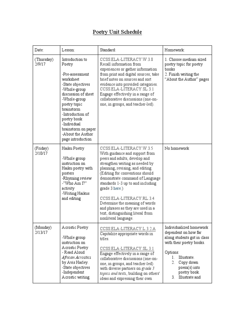 Poetry Unit Schedule | PDF | Haiku | Poetry