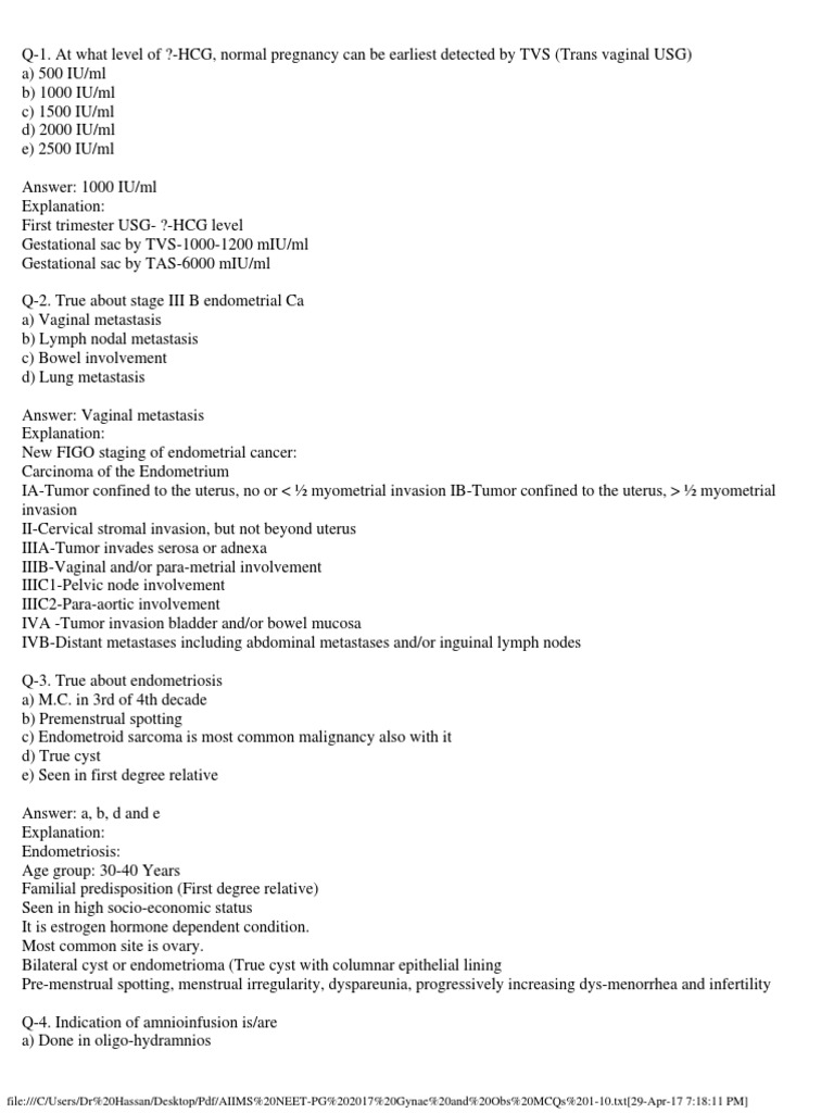 Aiims Neet-Pg 2017 Gynae and Obs Mcqs 1-10 | PDF