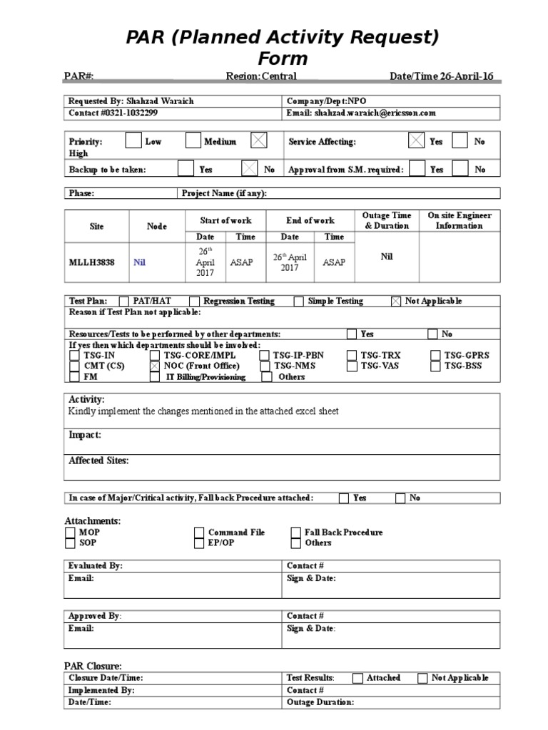 PAR (Planned Activity Request) Form: PAR#: Region:Central Date/Time 26 ...