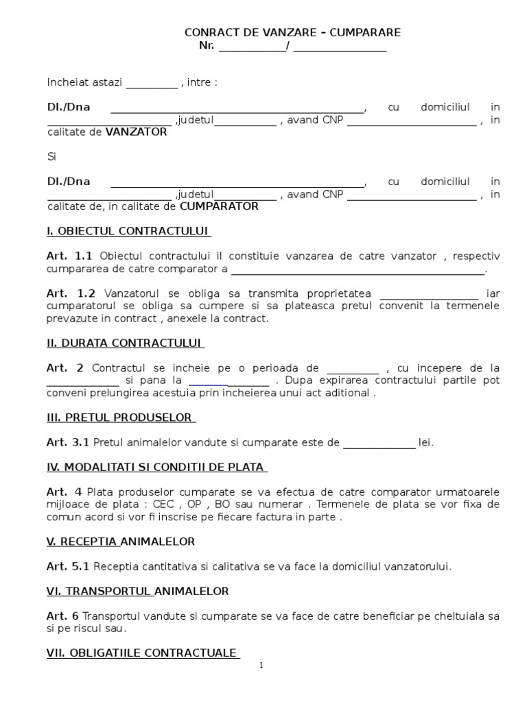 Contract de Vanzare Cumparare ANIMALE | PDF