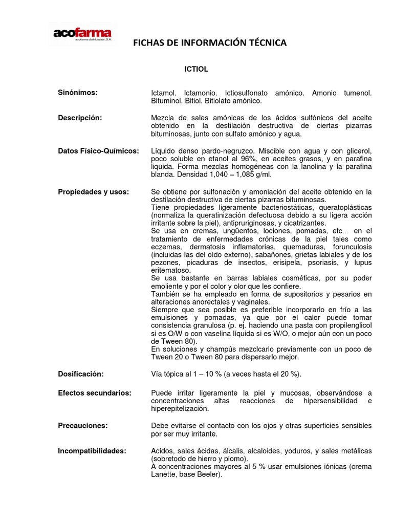 Ficha Técnica de Ictiol | PDF | Medicación tópica | Sustancias químicas