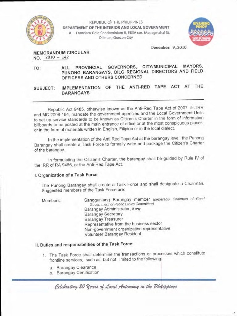 2010-142 Implementation of The Anti Red Tape Act at The Barangays PDF | Download Free PDF ...