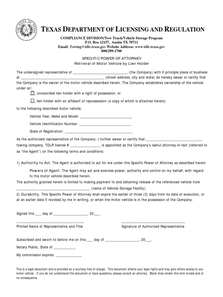 Specific Poa - TX Blank Form | Power Of Attorney | Government Information