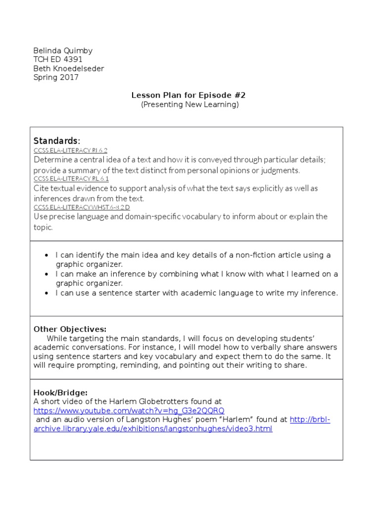 Standards:: Lesson Plan For Episode #2 | PDF | Reading (Process ...
