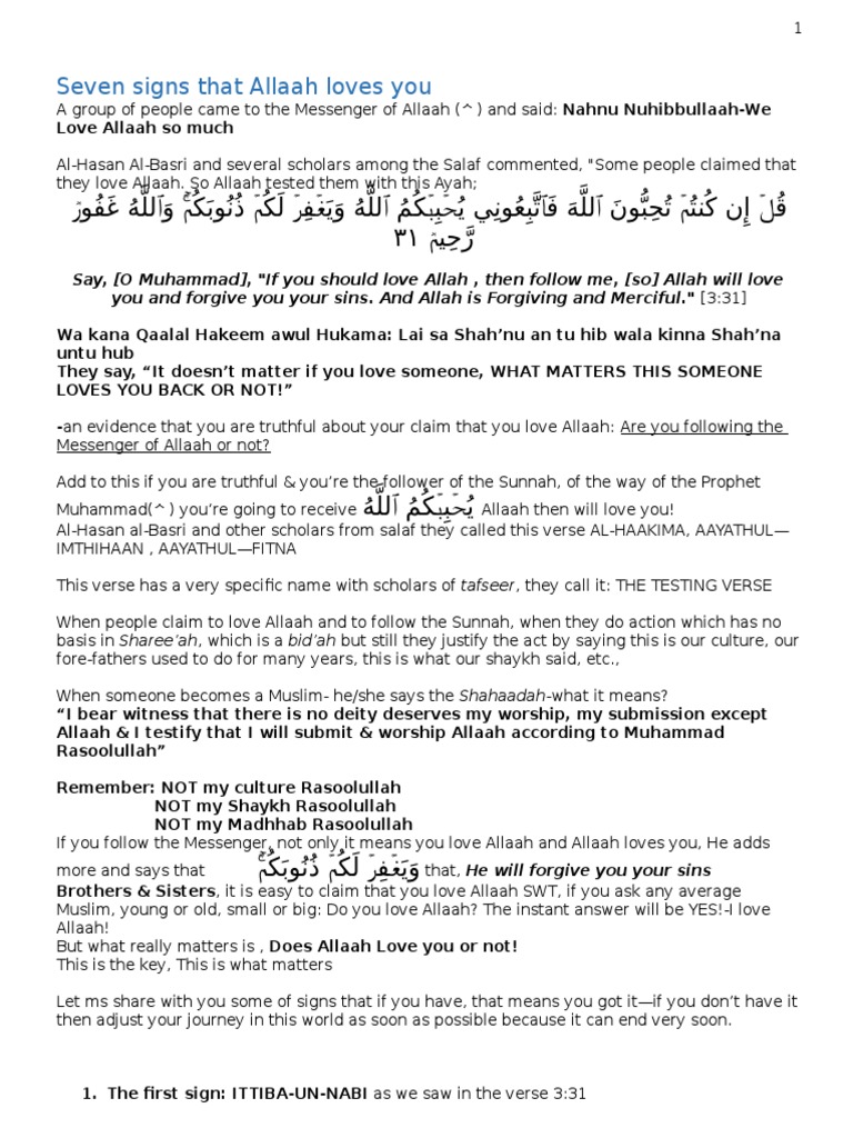 Seven Signs That Allaah Loves You | PDF | Prophets And Messengers In ...