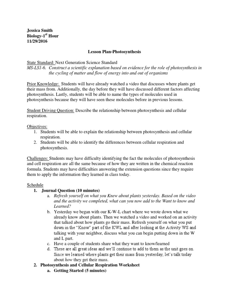 photosynthesis lesson plan | Photosynthesis | Lesson Plan