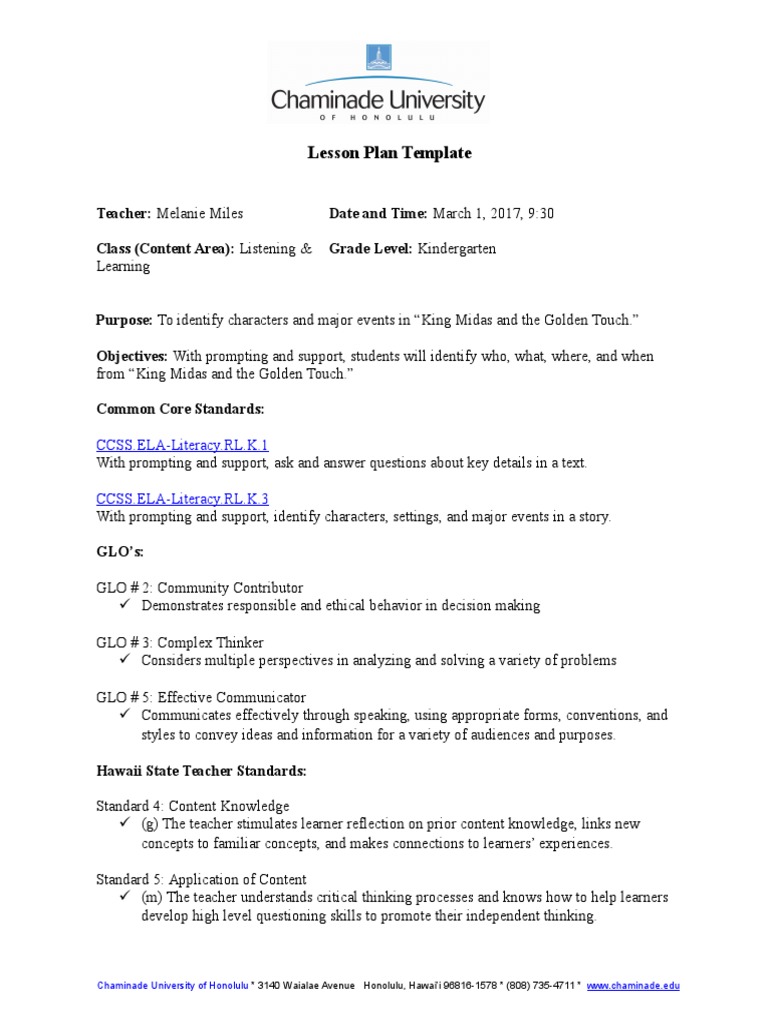 Lesson Plan Template: CCSS - ELA-Literacy - RL.K.1 | PDF | Lesson Plan ...