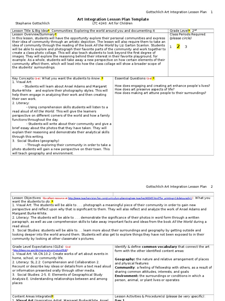 Art Integration Lesson Plan Template: (Please Circle) | PDF ...