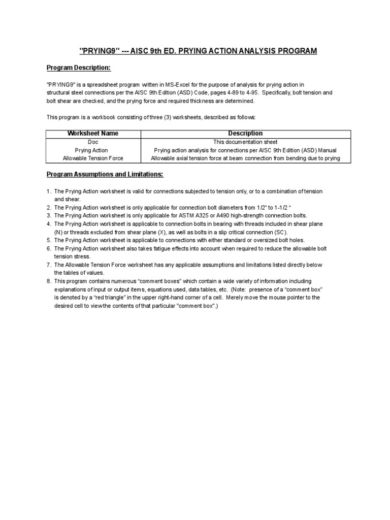 Prying Action Analysis Per AISC 9th Edition (ASD) | PDF | Screw | Bending