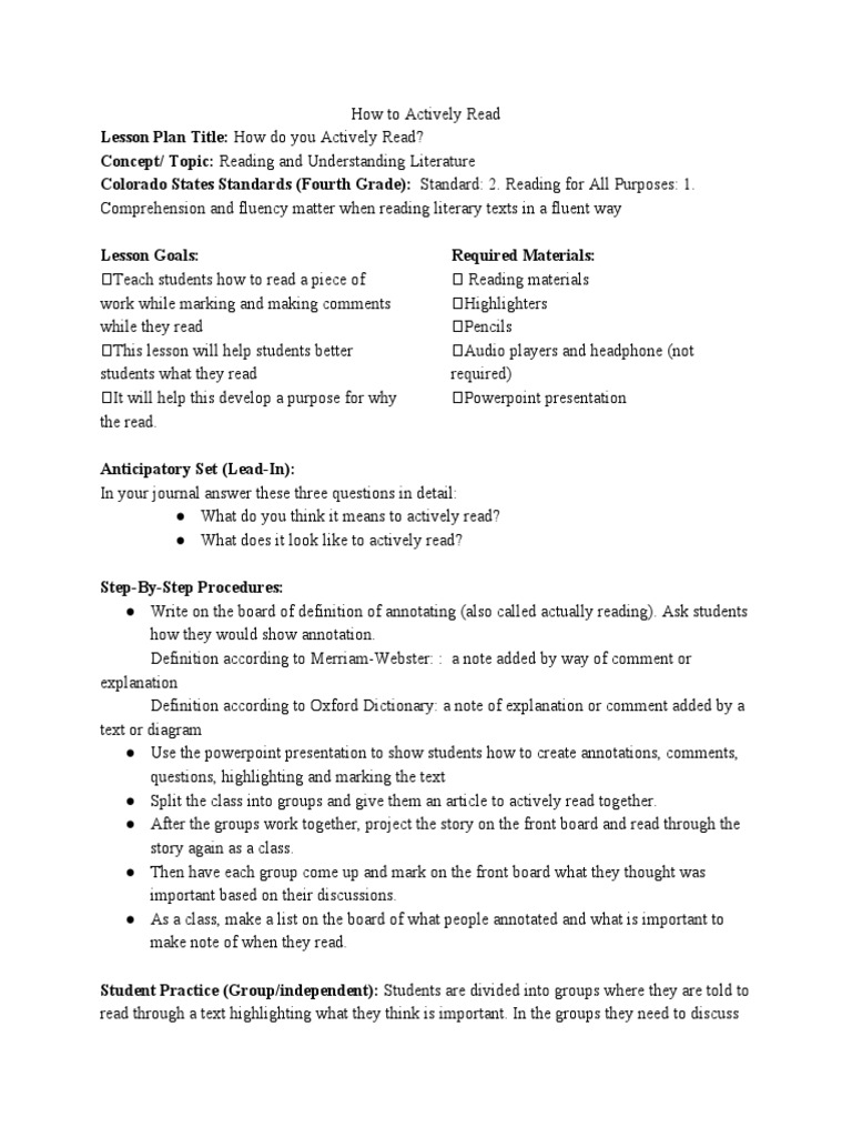 Lesson Plan Title: Concept/ Topic: Colorado States Standards (Fourth ...