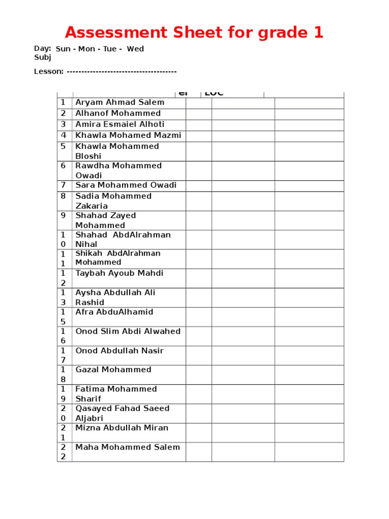 Grade 1 Student Assessment Sheet | PDF