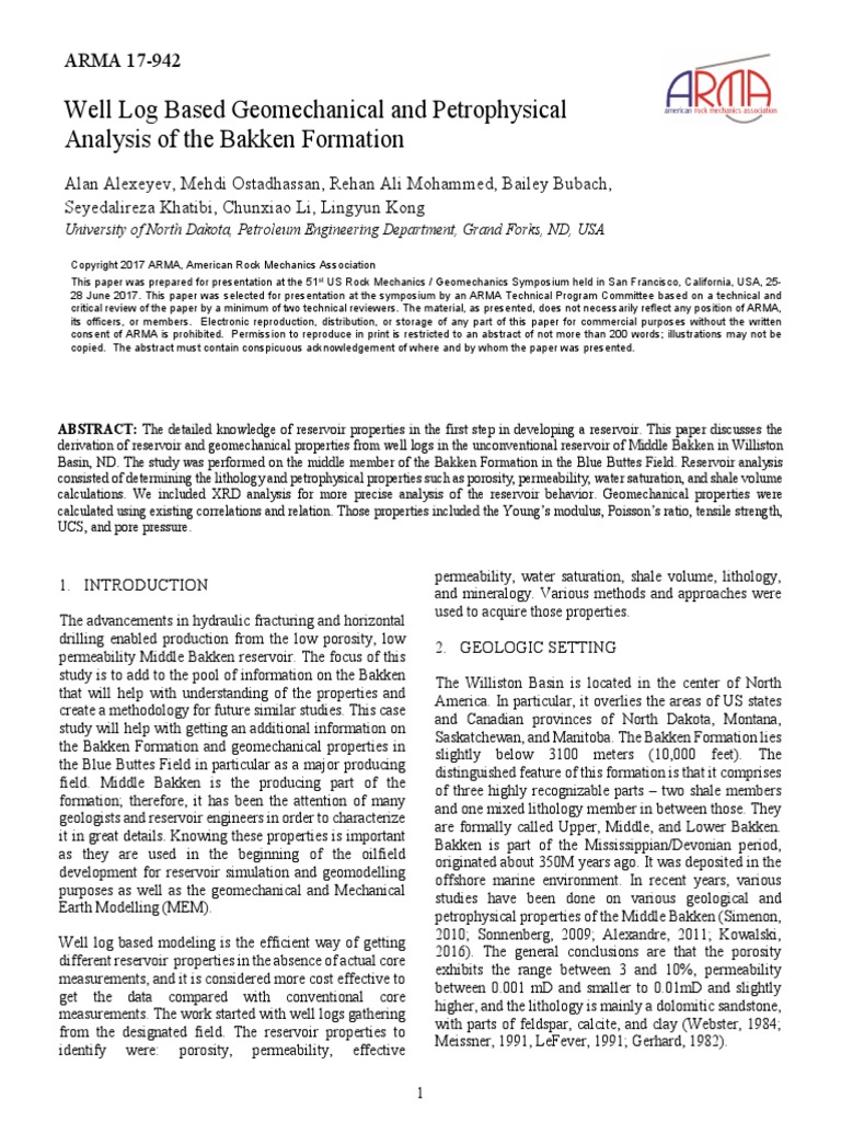 Well Log Based Geomechanical and Petrophysical Analysis of Bakken Formation - ARMA 17-942 | PDF ...