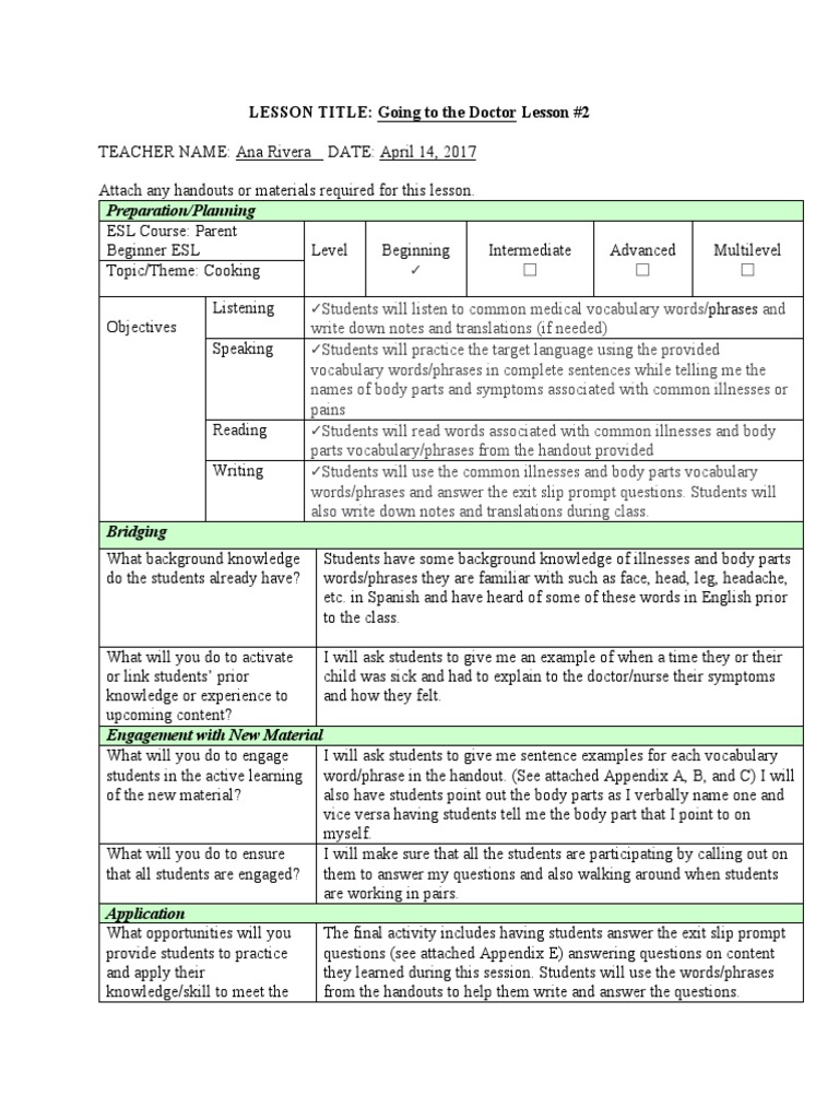 Doctors Visit Lesson Plan 2 | PDF | Vocabulary | Question