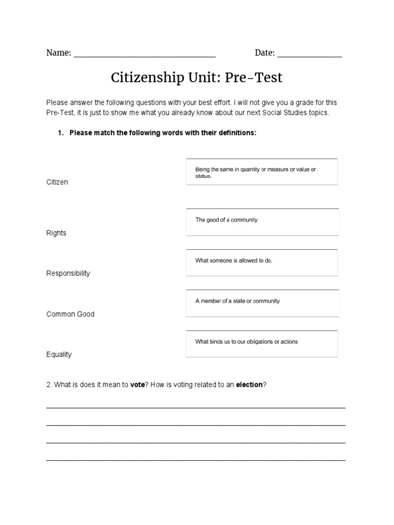 Citizenship Unit Pre-Test Questions | PDF