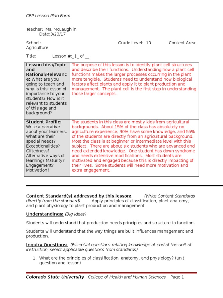 Plant Cell Lesson Plan Page 1 | PDF | Lesson Plan | Teachers