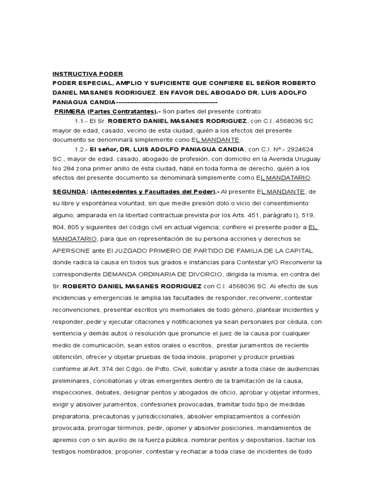 Modelo de Instructiva de Poder Demanda de Divorcio (Bolivia) | PDF | Ley común | Ley Pública