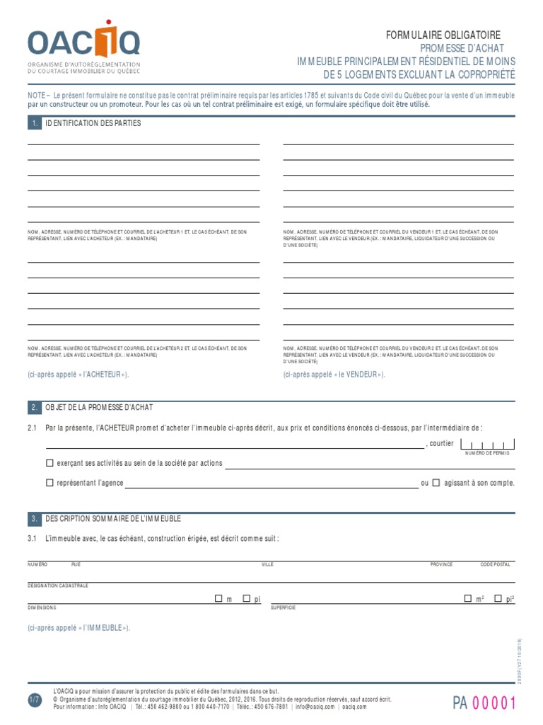 Promesse Achat Residentiel OACIQ (Unlock) | PDF | Courtier | Hypothèque