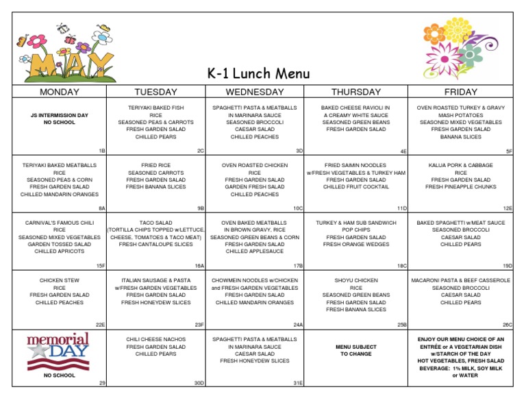 K-1 Lunch Menu: Monday Tuesday Wednesday Thursday Friday | PDF | Salad ...