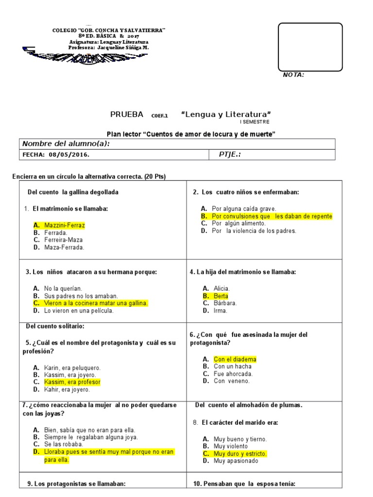 Prueba de "Cuentos de amor, locura y muerte" | PDF