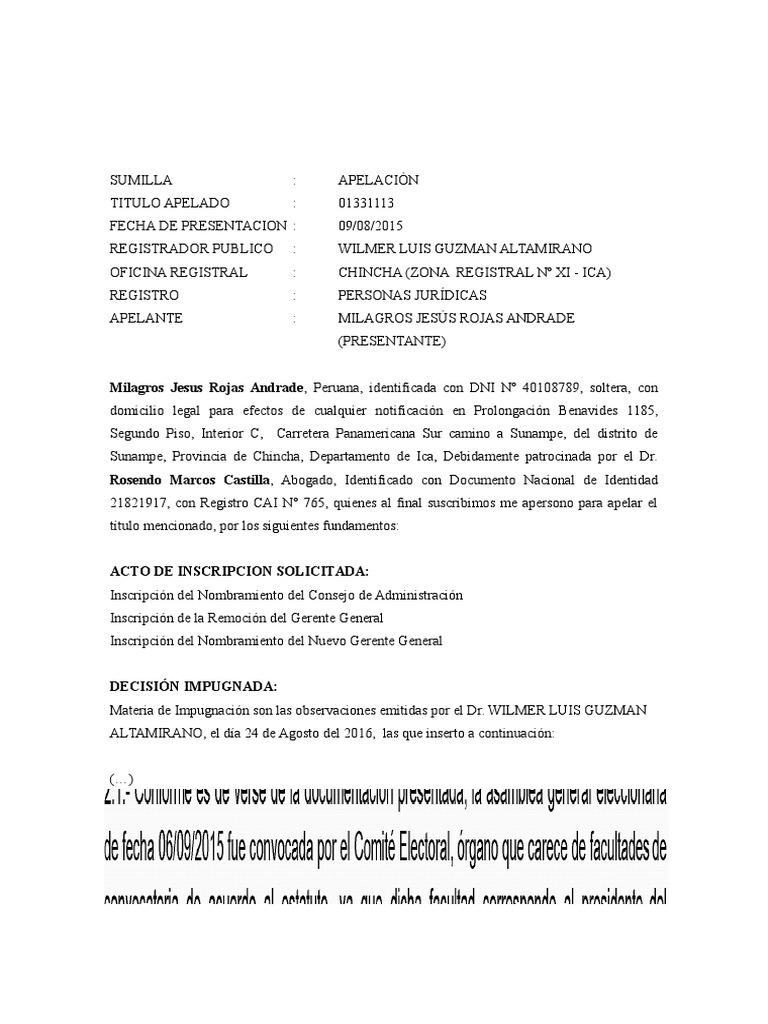 Apelación por Tacha Registral en Ica | PDF | Personalidad legal | Gobierno
