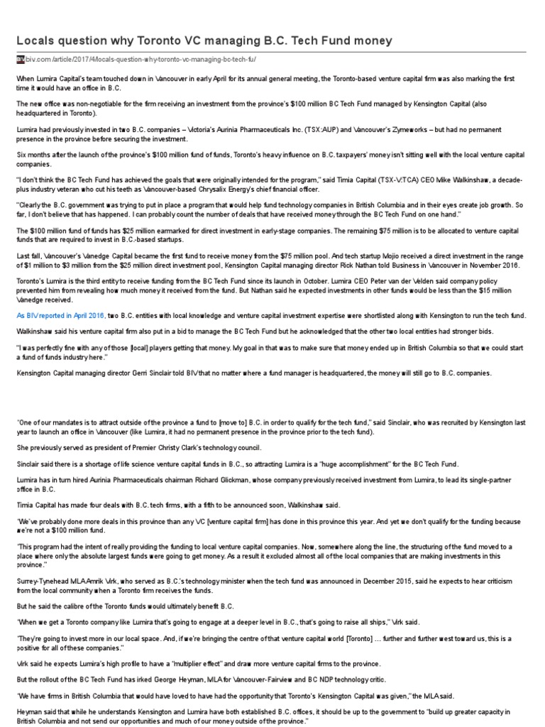 Toronto VC's Role in BC Tech Fund Controversy | PDF | British Columbia ...