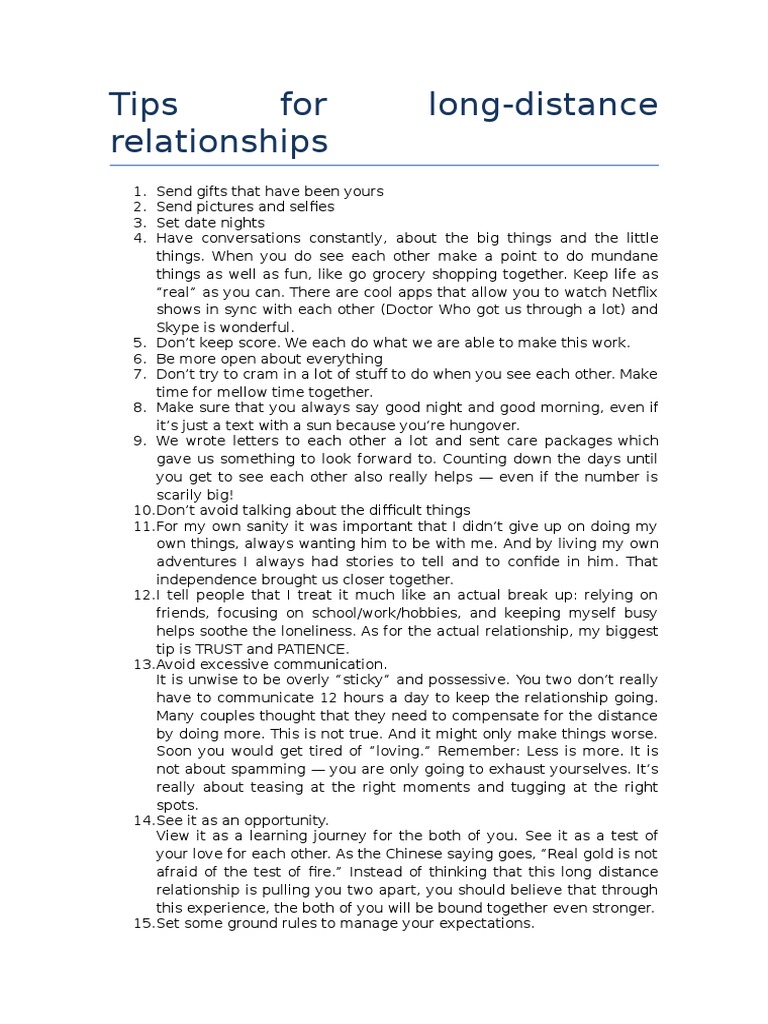 Tips For Long-Distance Relationships | PDF | Jealousy | Emotions