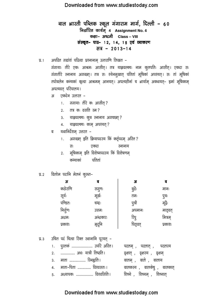 CBSE Class 8 Sanskrit Worksheet | PDF