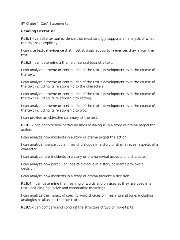 8th Grade Literature "I Can" Statements | PDF | Reason | Narrative