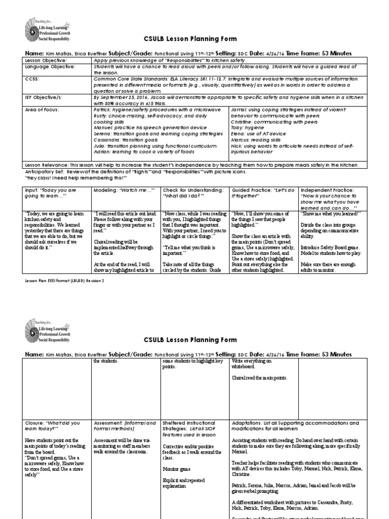2 lesson plan - kitchen safety | Lesson Plan | Psychological Concepts