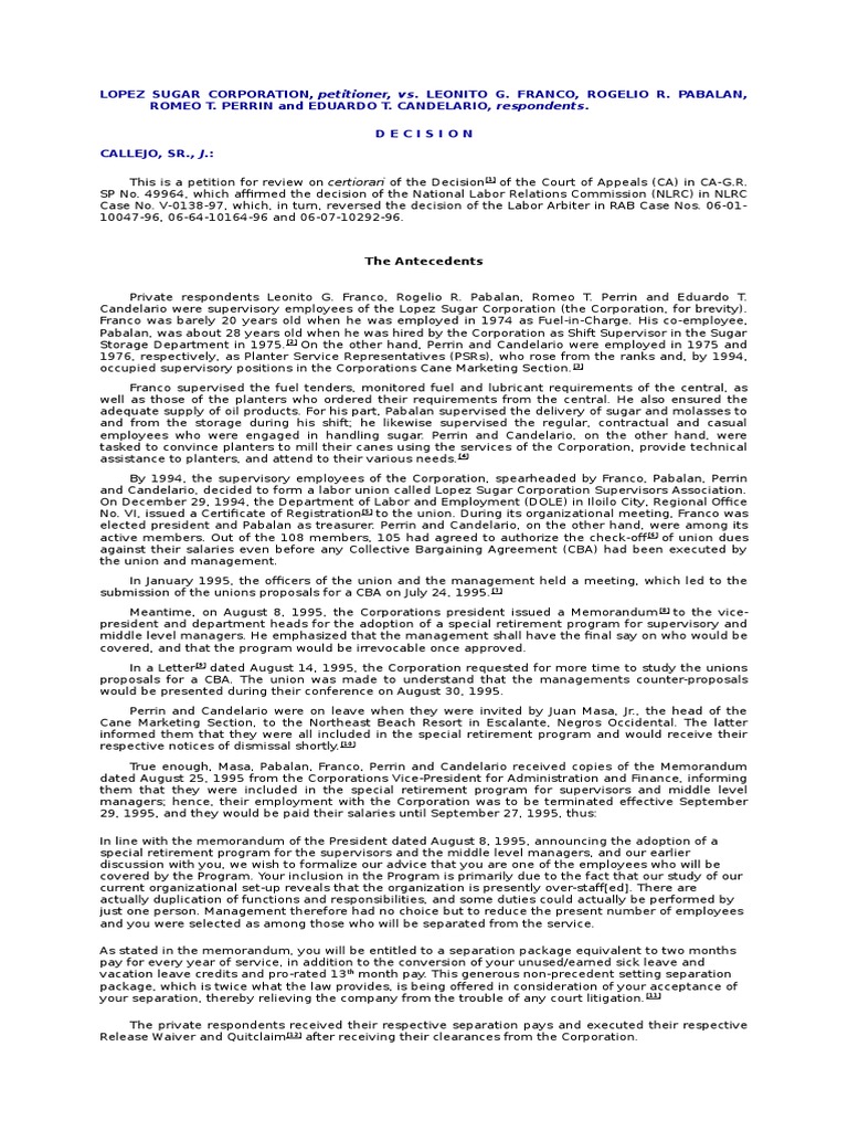 Lopez Sugar Corporation vs Franco | PDF | Layoff | Independent Contractor