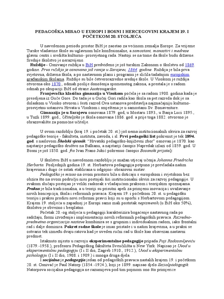 Skripta-Povijest Pedagogije I Skolstva U BiH-izbor Tekstova | PDF