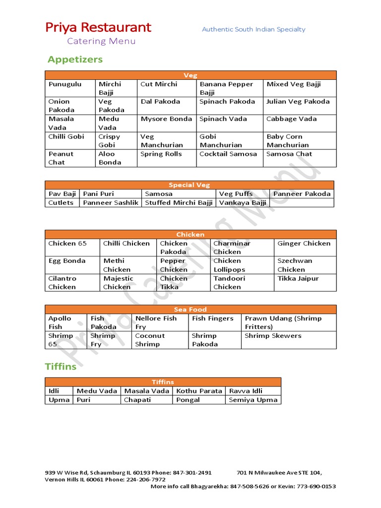 Priya Catering Menu v3 | PDF | Indian Cuisine | Food And Drink