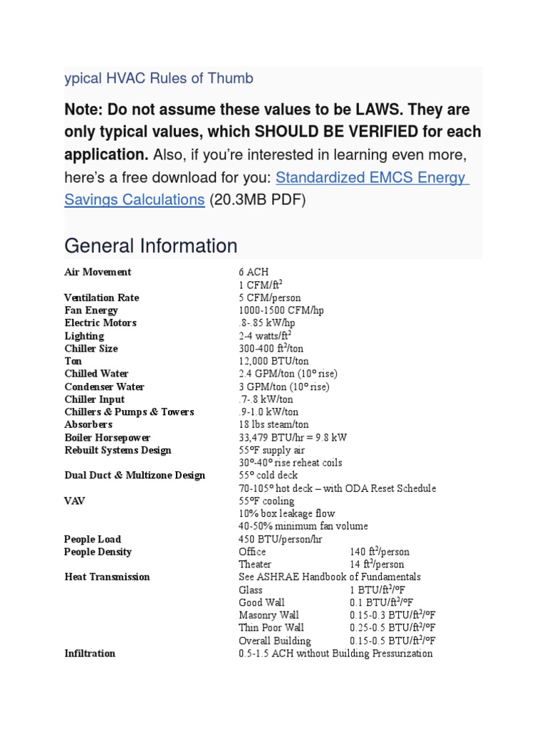Typical HVAC Rules of Thumb | PDF | Home & Garden | Science & Mathematics