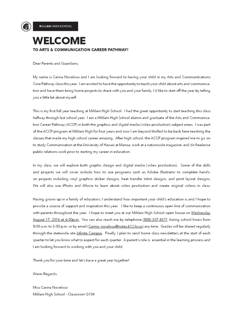 Parent Welcome Letter | PDF | Communication | Teachers