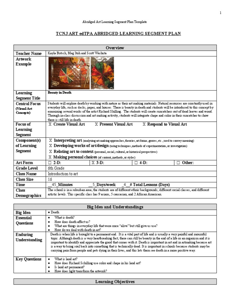 TCNJ Art Edtpa: Abridged Learning Segment Plan | PDF | Conversation