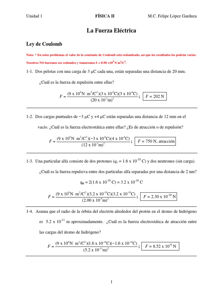 Ejercicios Resueltos de Fuerza Electrica PDF | PDF | Tasas temporales | Masa