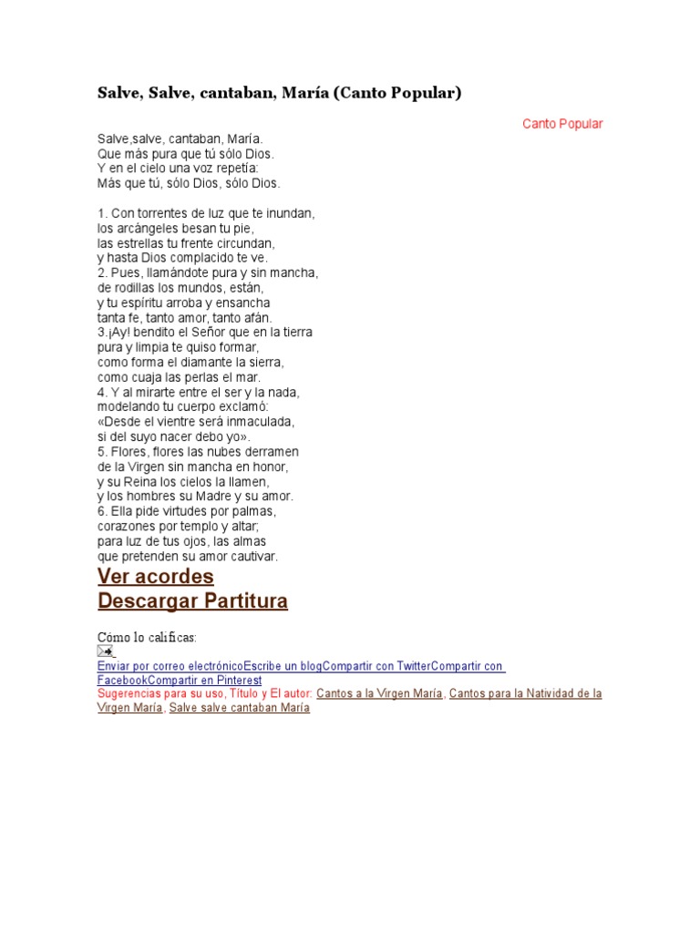 Salve, Salve, Cantaba María: Letra y Acordes | PDF | María, madre de ...