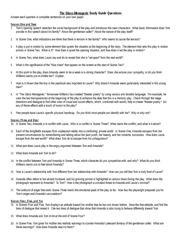Glass Menagerie Study Guide Questions | PDF | Anger