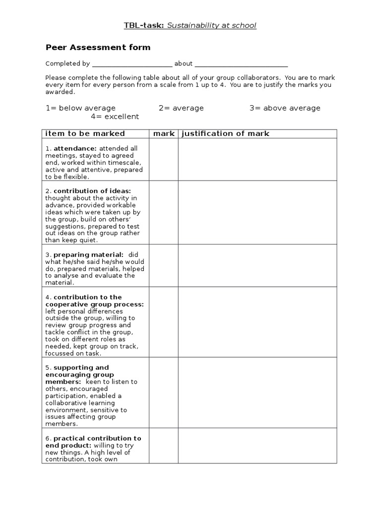 Tbl-Task Sustainabilityatschool Peerassessmentform | PDF