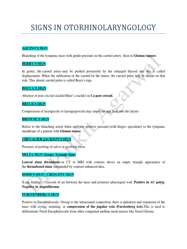 Key Signs in Otorhinolaryngology | PDF | Common Carotid Artery | Ear