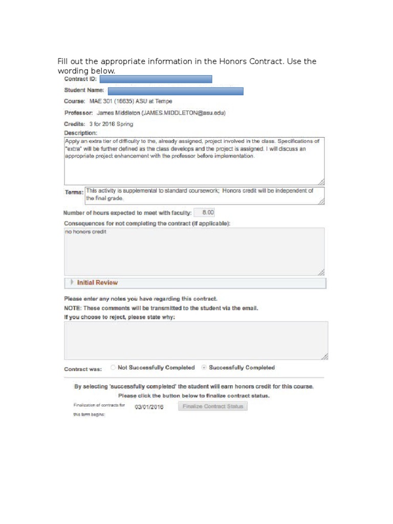 Fill Out The Appropriate Information in The Honors Contract. Use The ...