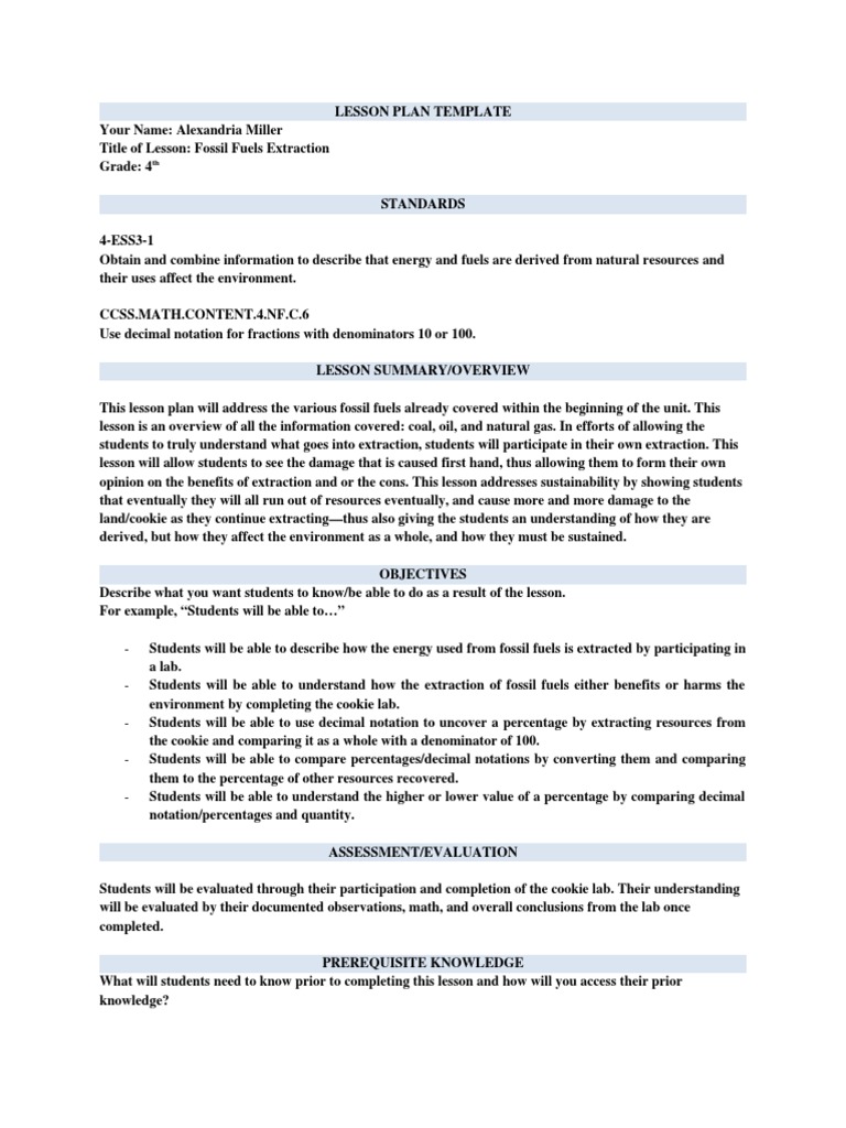 Fossil Fuels Extraction Lesson Plan | PDF | Fuels | Fossil Fuels