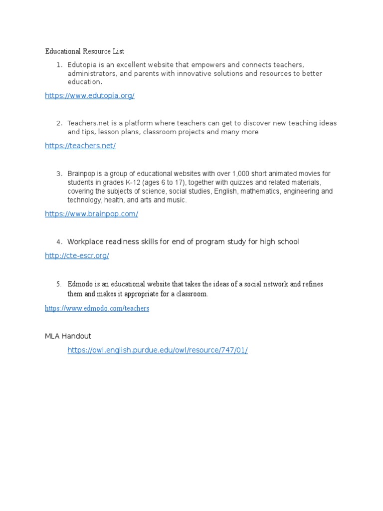 Educational Resource List | PDF