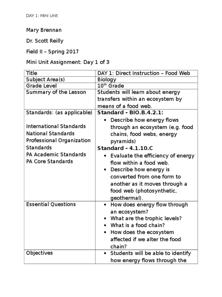 Day 1 - Direct Instruction Lesson Plan Food Webs | PDF | Food Web ...