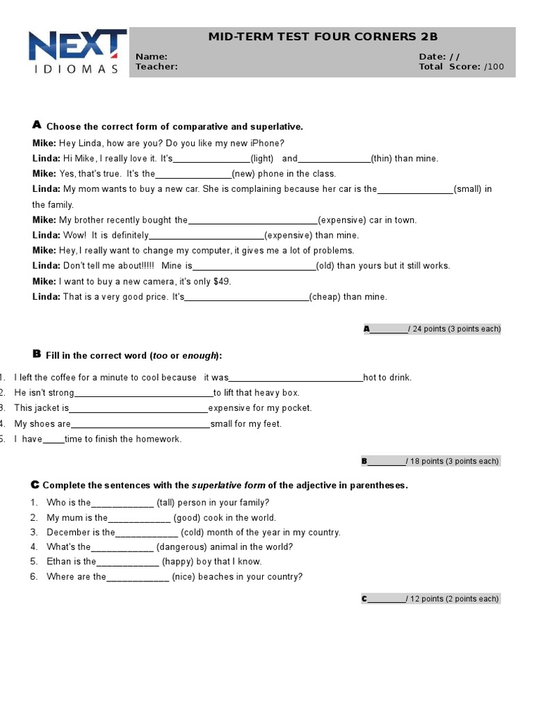 Mid-Term Test Four Corners 2B: A / 24 Points (3 Points Each) | PDF ...