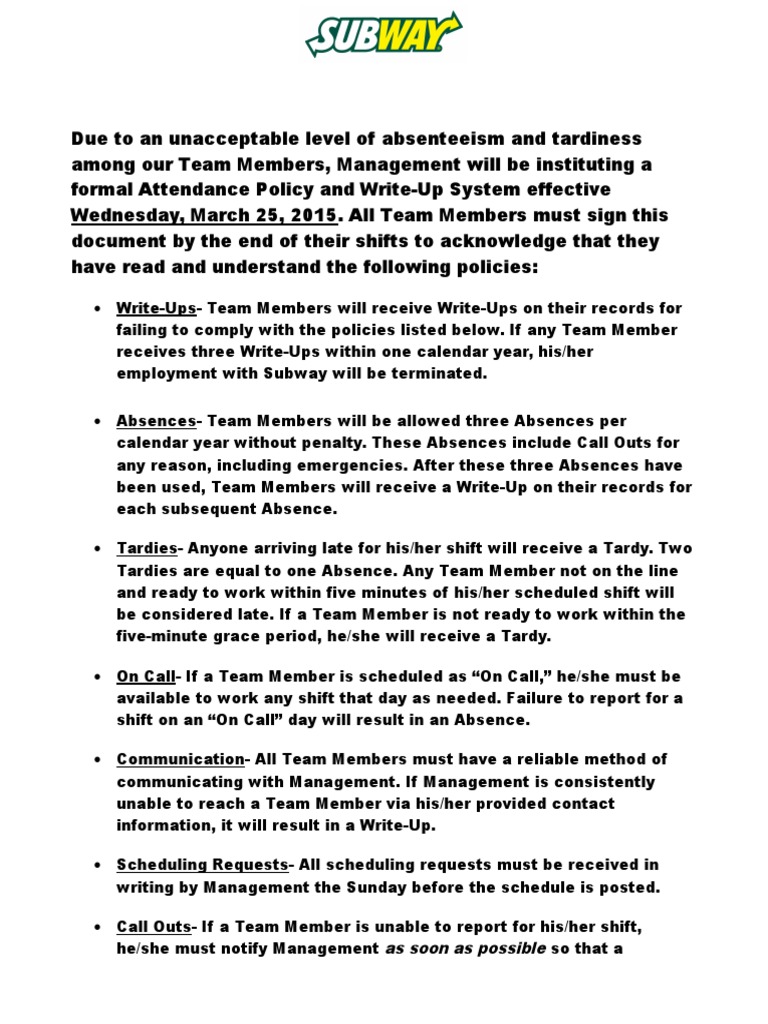 Subway Enacts Strict New Attendance and Write-Up Policies for Team ...