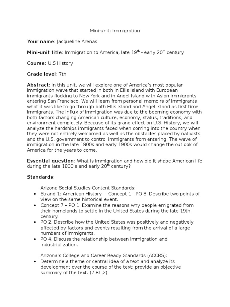 HST 481 - Immigration Mini Unit Lessons Template | PDF | Immigration ...