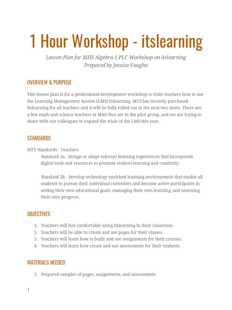 1hourworkshop Itslearning Lessonplan | PDF | Lesson Plan | Applied Psychology